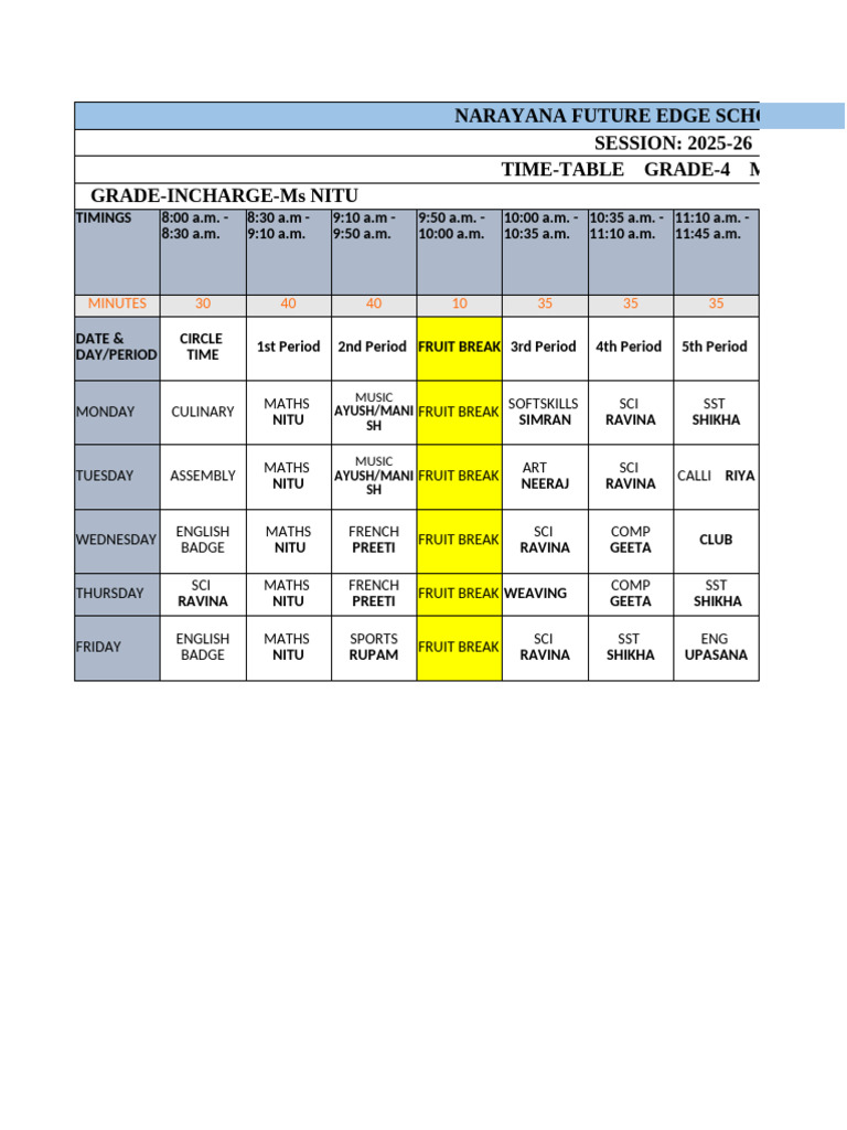 Grade 4 Timetable 2025-26 | PDF