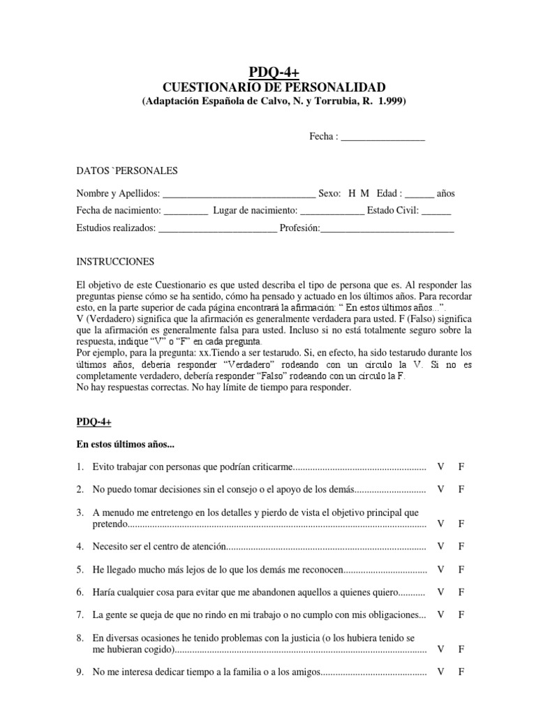 PDQ 4+ Personalidad | PDF | Ansiedad | La dependencia de sustancias
