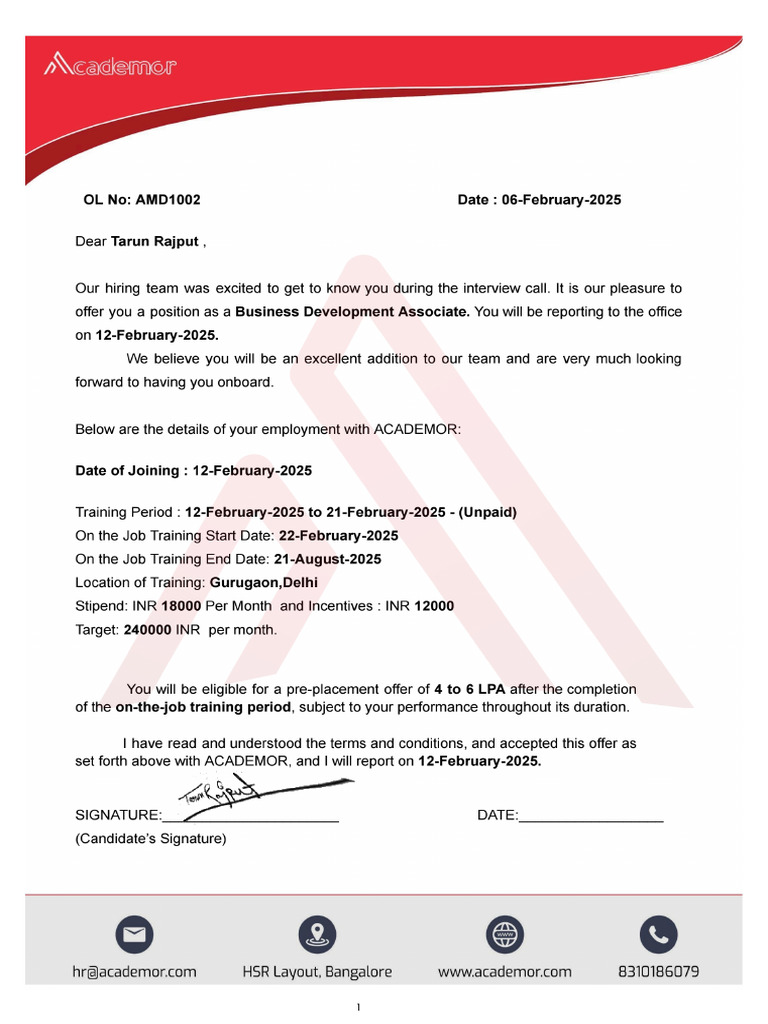 Academor Offer Letter - Tarun Rajput | PDF