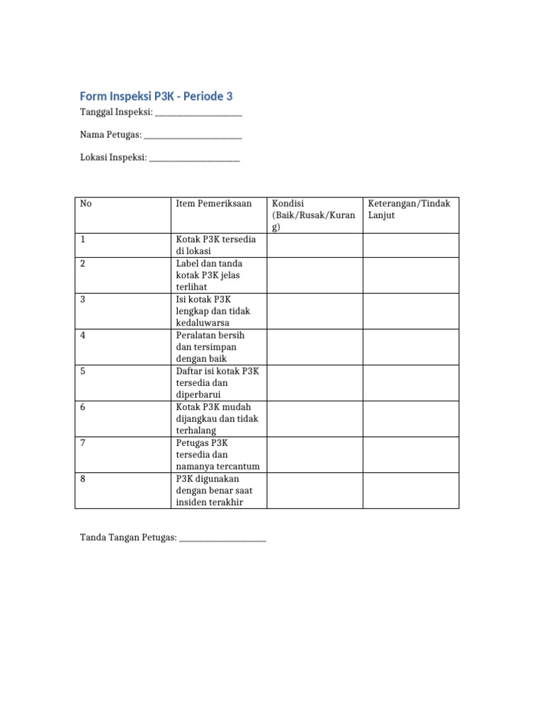 Form Inspeksi P3K 3 | PDF