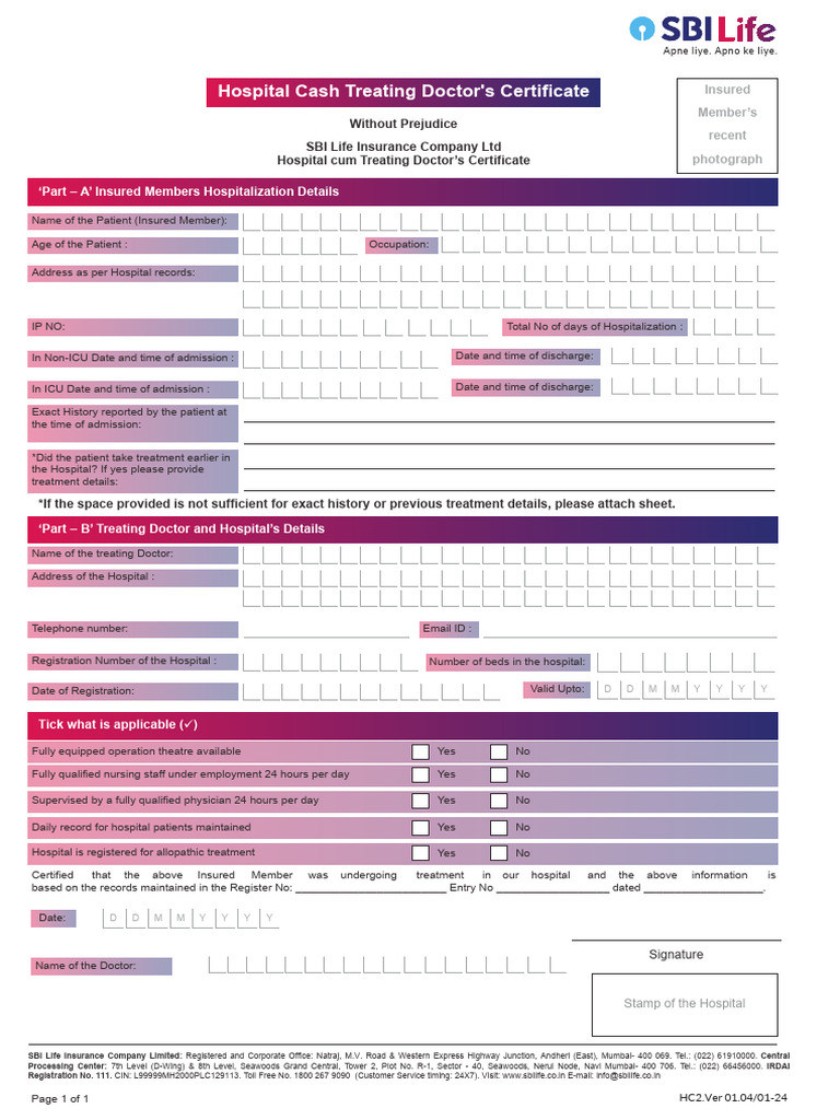 SBI Life Hospital Cash Certificate Form | PDF | Hospital | Health Sciences