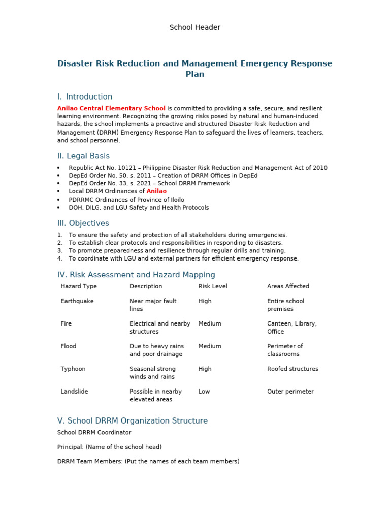 Anilao School Disaster Response Plan | PDF | Emergency Evacuation ...
