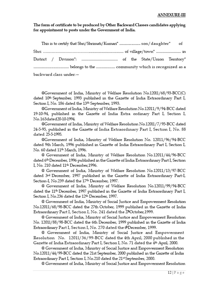 UPSC OBC Caste Certificate Formate 2025 | PDF | Empowerment ...