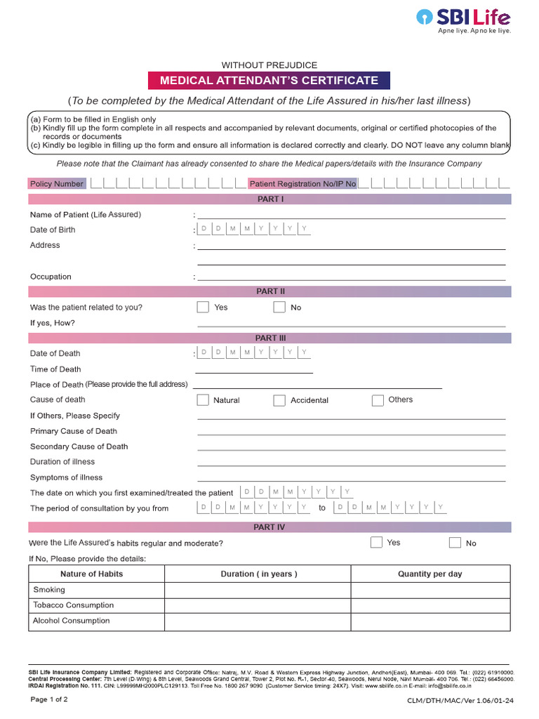Medical Attendant's Certificate Form | PDF | Medicine | Health Care