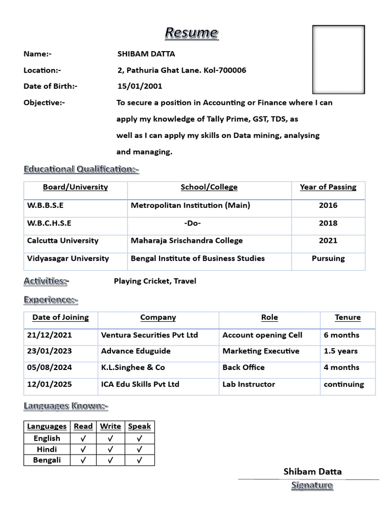 Shibam Datta's Accounting Resume | PDF