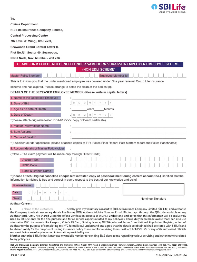 17.+sampoorna Surkasha Claim Form Employer Employee Non Edli Scheme 20 ...