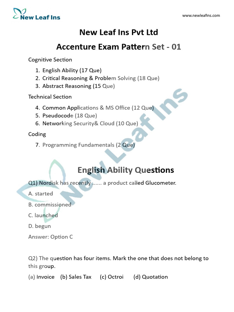 Accenture Exam Pattern Set - 01 | PDF