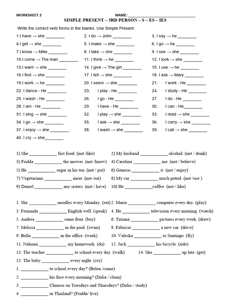 Workshet 2 10th 3rd Person S | PDF