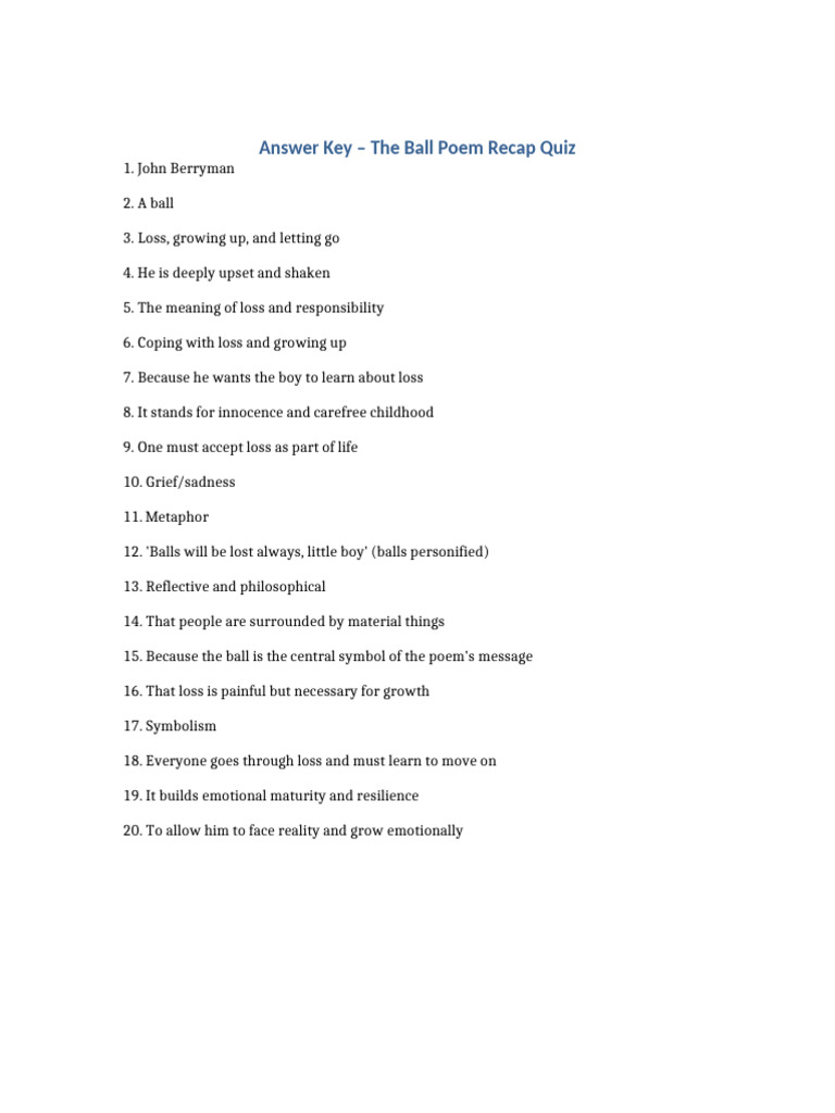 The Ball Poem Recap Quiz Answer Key | PDF