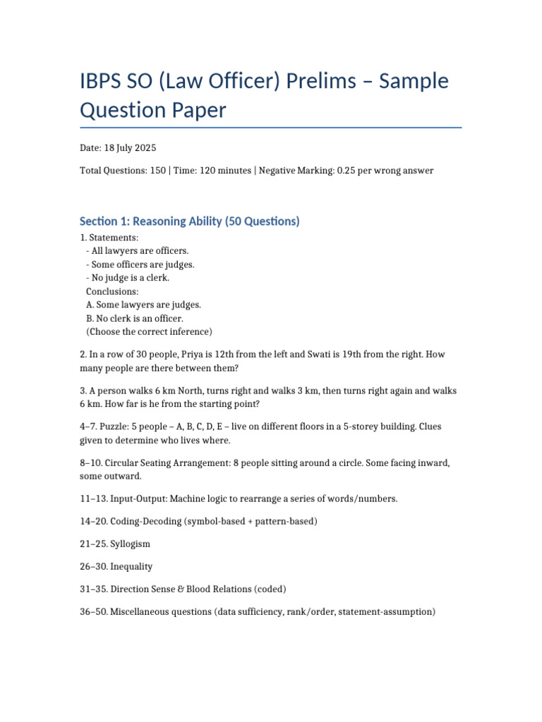 IBPS SO Law Officer Prelims Sample Paper | PDF