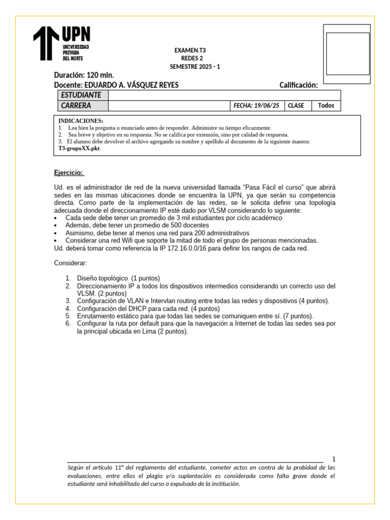 Duración: 120 Min. Docente: Eduardo A. Vásquez Reyes Calificación | PDF