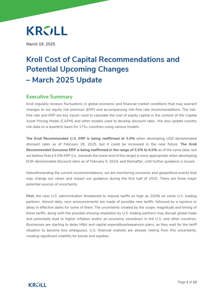 10 Kroll Cost of Capital Recommendations and Potential Upcoming Changes March 2025 | PDF ...