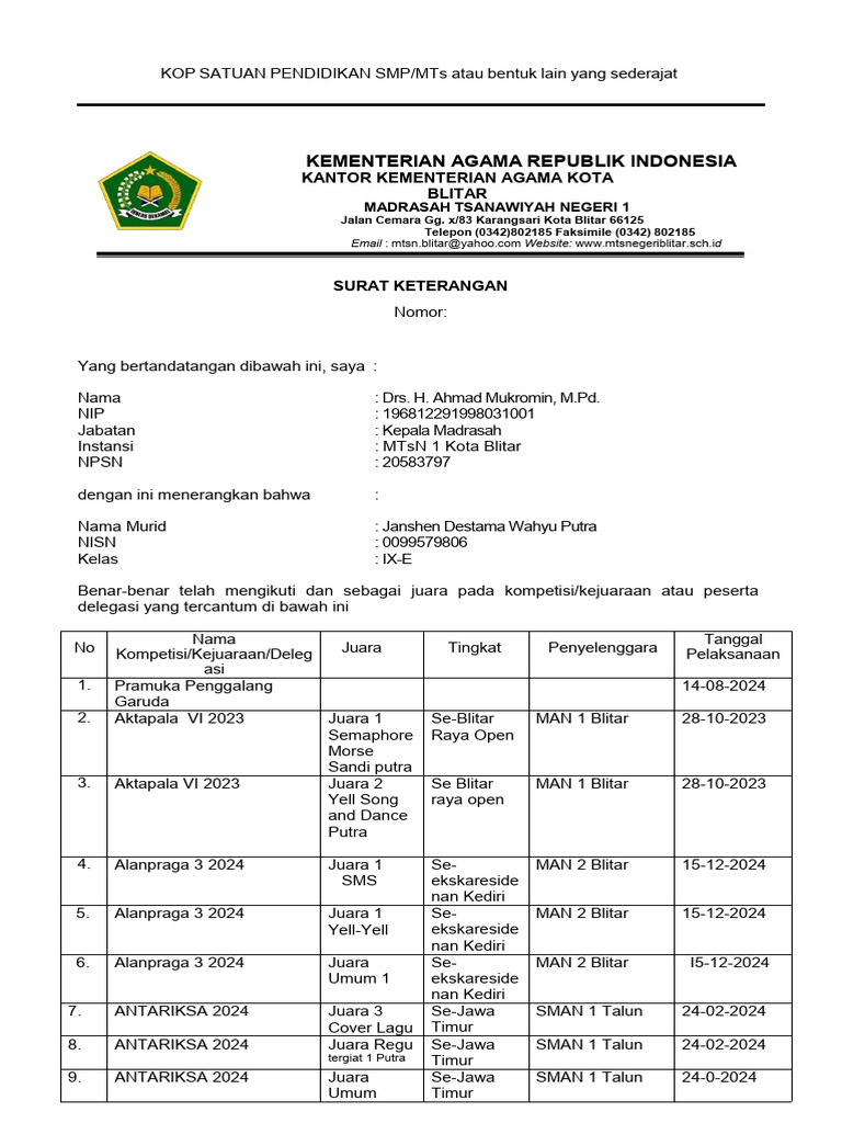 Surat Keterangan Lomba Desta | PDF