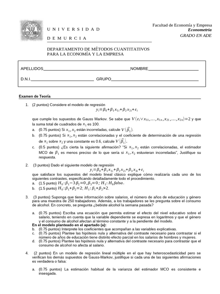Examen Tipo Econometría 2 | PDF | Mínimos cuadrados ordinarios | Teoría estadística