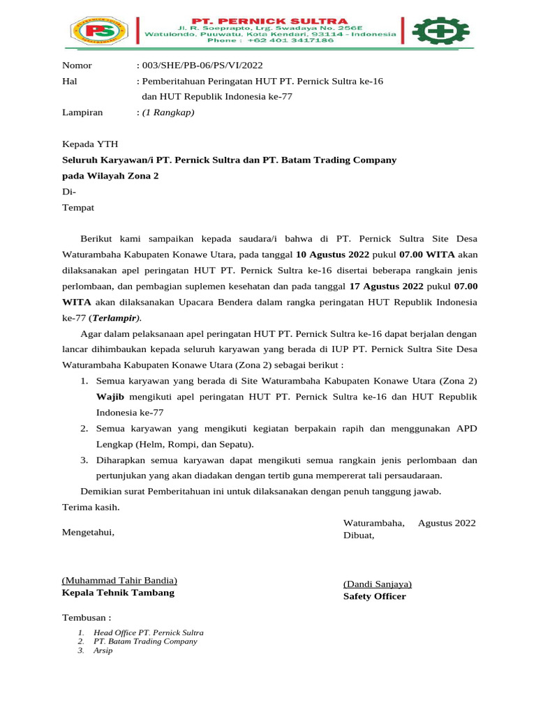 Peringatan HUT PT. Pernick Sultra ke-16 | PDF