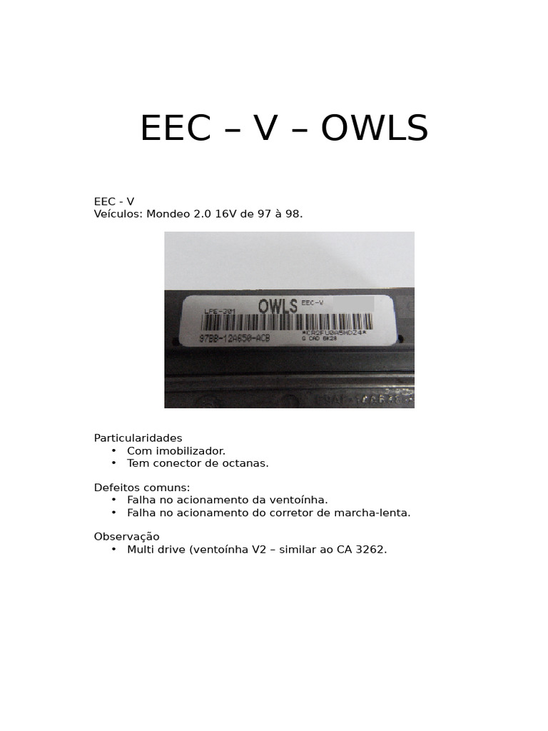 EEC-V: Esquema do Ford Mondeo 2.0 | PDF | Energia elétrica ...