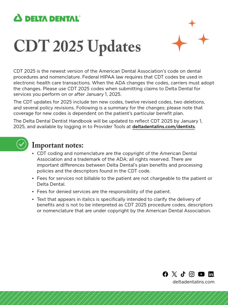 CDT 2025 Dental Code Updates | PDF | Dental Implant | Dentures