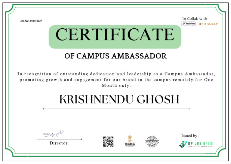 Krishnendu Ghosh - Campus Ambassador Certificate - My Job Grow | PDF