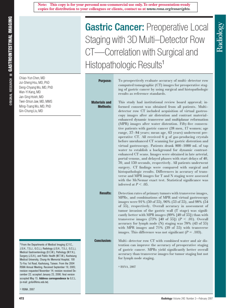 Gastric Cancer Preoperative Local Staging With 3D Multi-Detector Row CT-correlation With ...