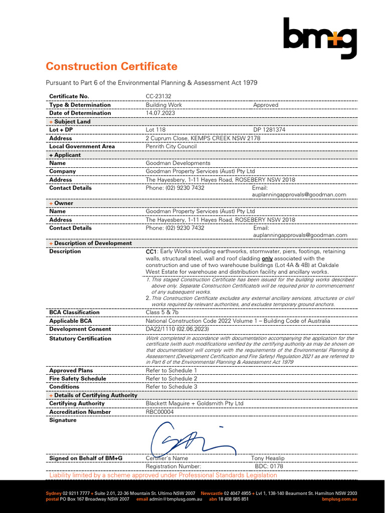 Construction Certificate for Oakdale West | PDF | Fire Safety