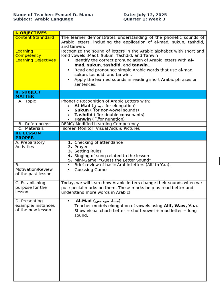 LP Level 2, Arabic Values, Quarter 1 Week 1 | PDF | Arabic | Linguistics