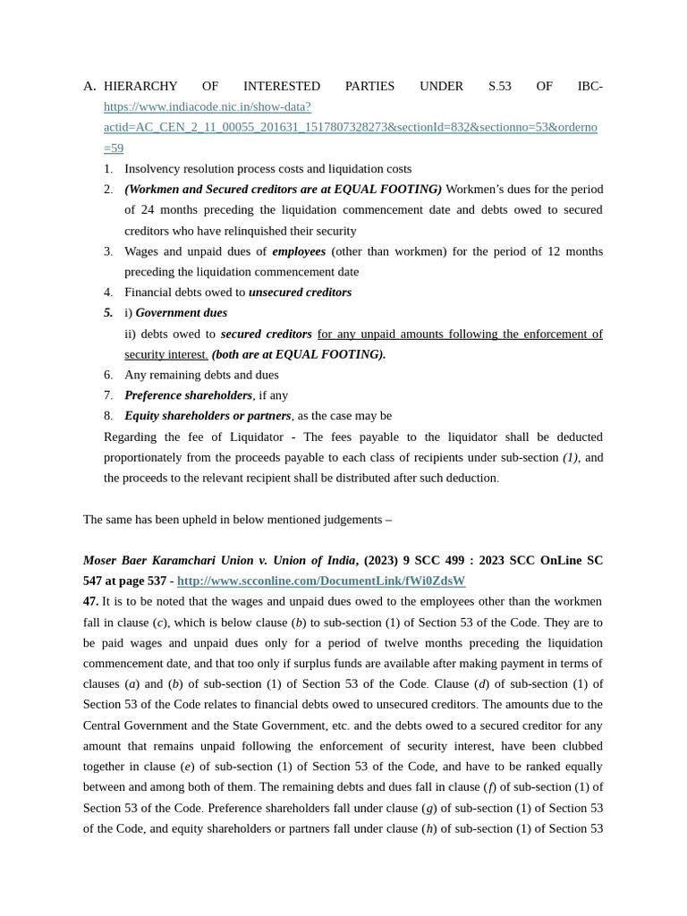 Hierarchy of Interested Parties Under S | PDF | Debt | Liquidation