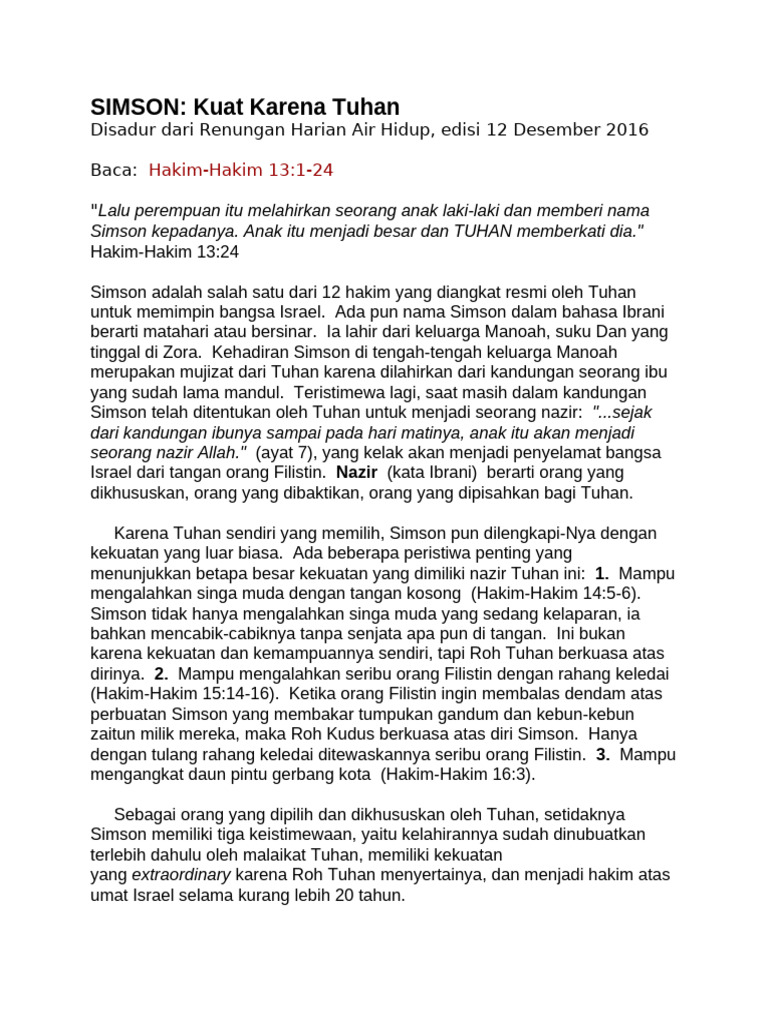 Lahirnya Simson dan Kekuatan Tuhan | PDF