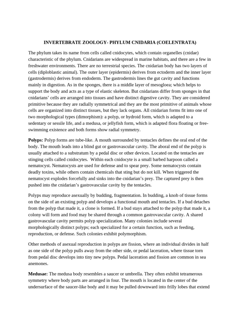 Invertebrate Zoology - Phylum Cnidaria-1 | PDF | Biology | Zoology