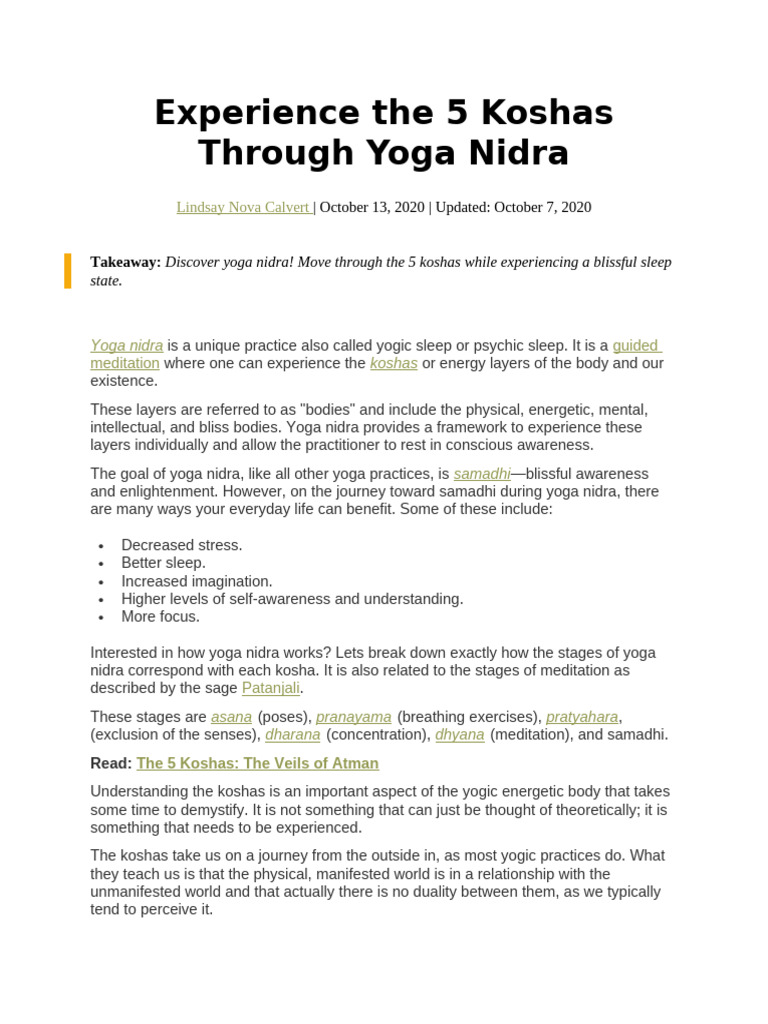 Experience The 5 Koshas Through Yoga Nidra | PDF | Yoga | Asana