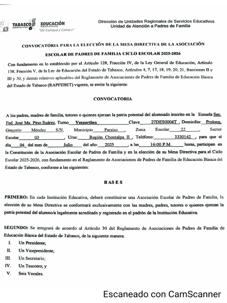 Convocatoria para La Elección de La Directiva de La Asociación Escolar de Padres de Familia 2025 ...