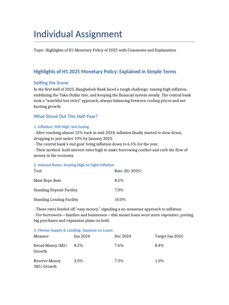 H1 2025 Monetary Policy Assignment | PDF | Inflation | Monetary Policy