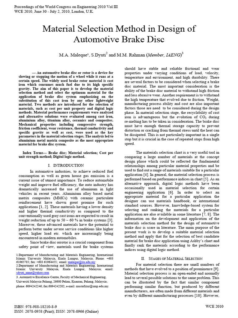 Material Selection Method in Design of | PDF | Composite Material | Brake