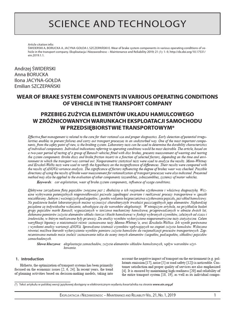 Wear of Brake System Components in | PDF | Analysis Of Variance | Brake