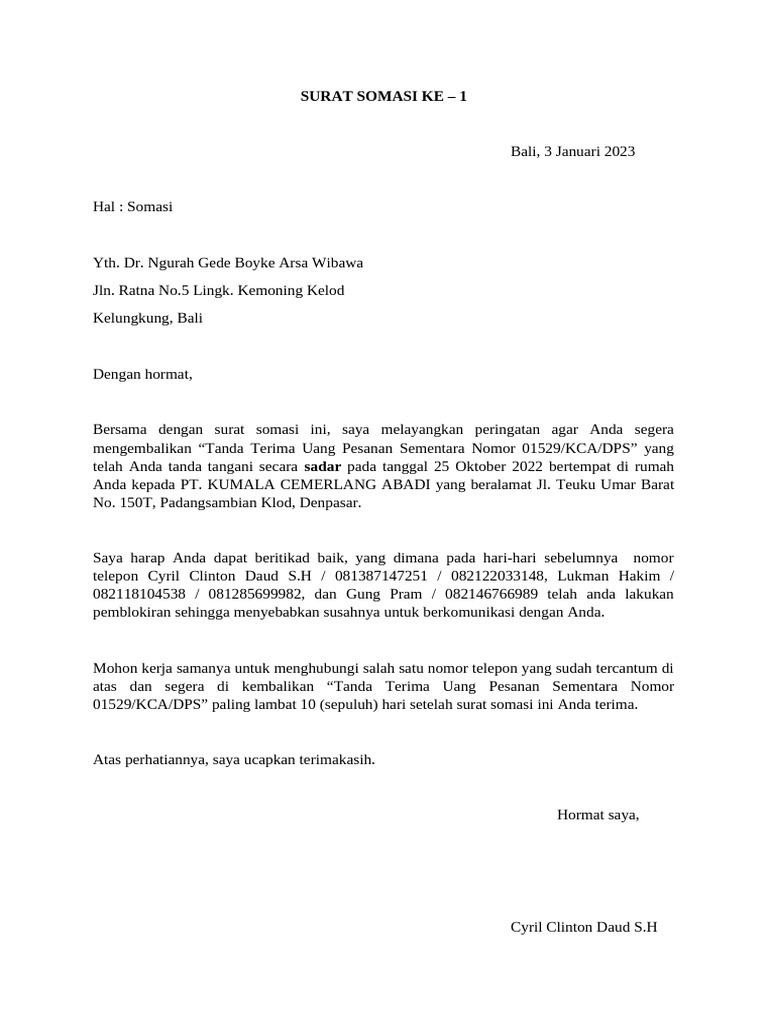 Surat Somasi Ke-1 Boyke | PDF