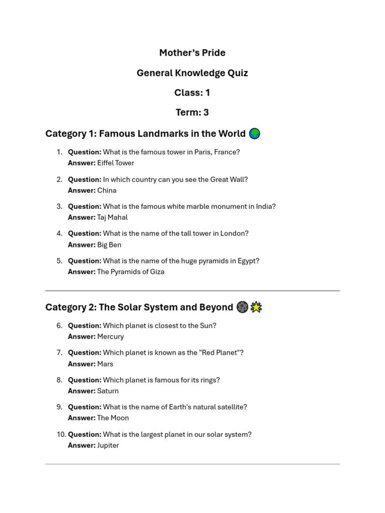 General Knowledge Quiz Class 1 | PDF | Planets | Insects