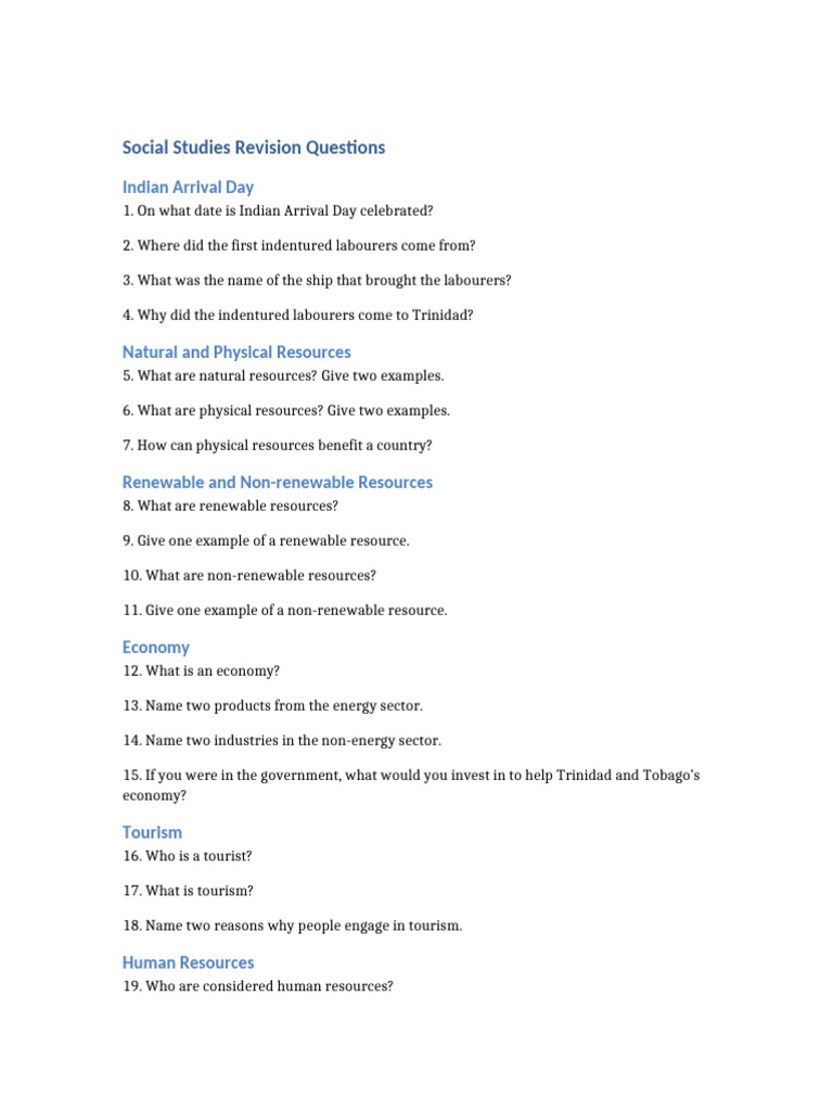Social Studies Revision Questions | PDF