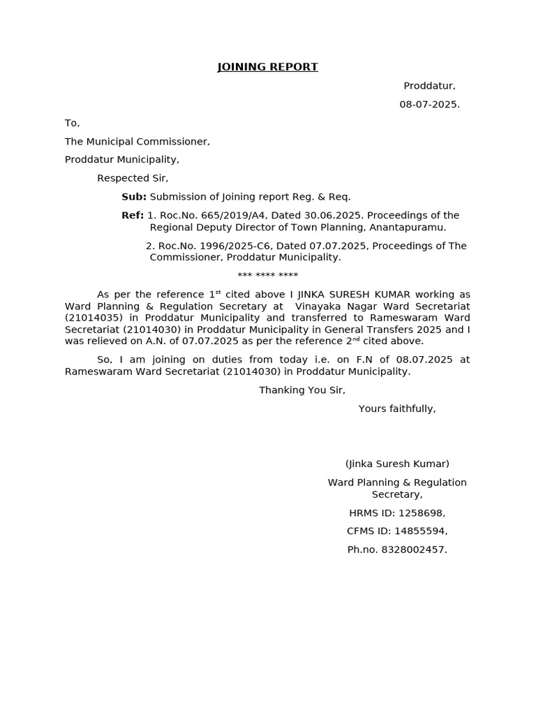 Joining Reports for Proddatur Transfers | PDF