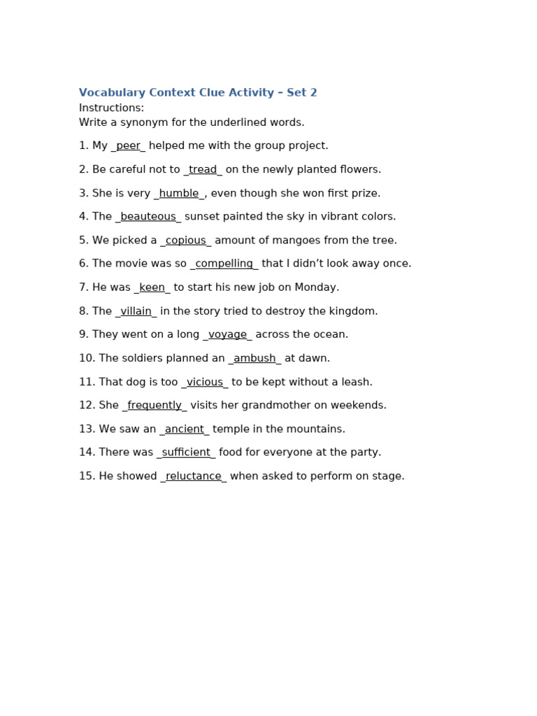 Vocabulary Context Clue Activity Set 2 | PDF