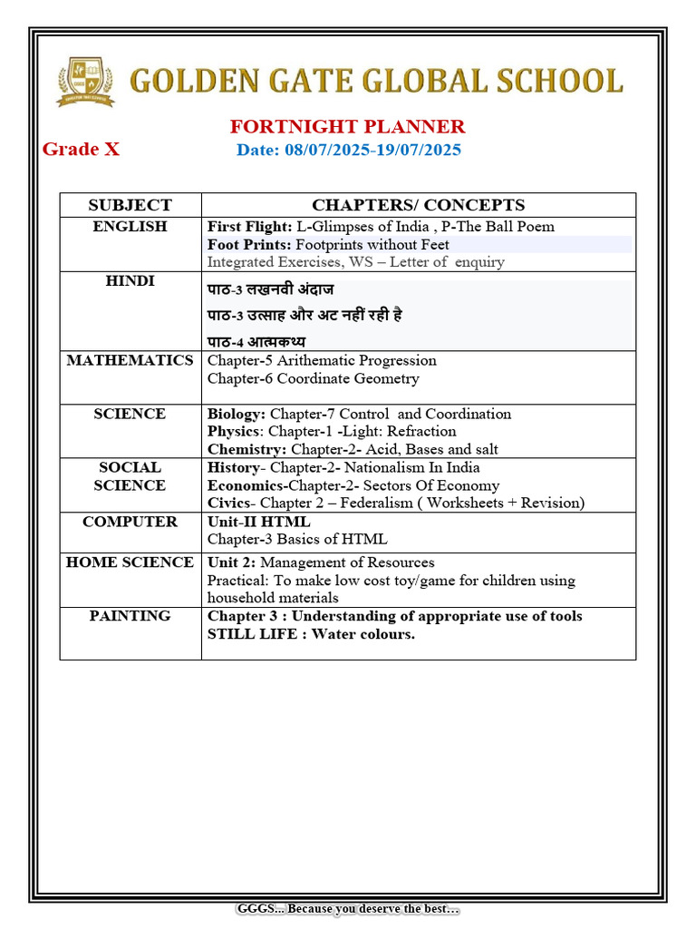 Grade X Fortnight Planner | PDF