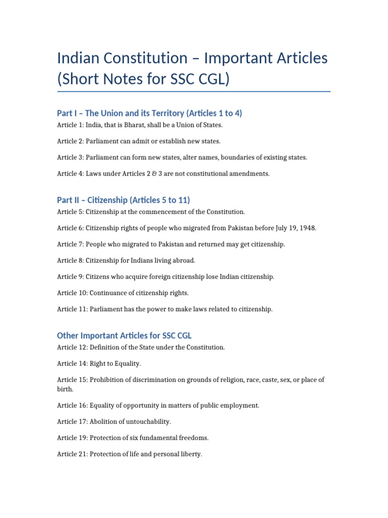 Key Articles of Indian Constitution for SSC CGL | PDF