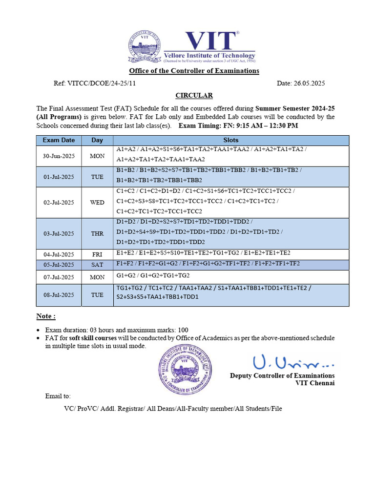 11-FAT Schedule Summer Semester 2024-25 | PDF