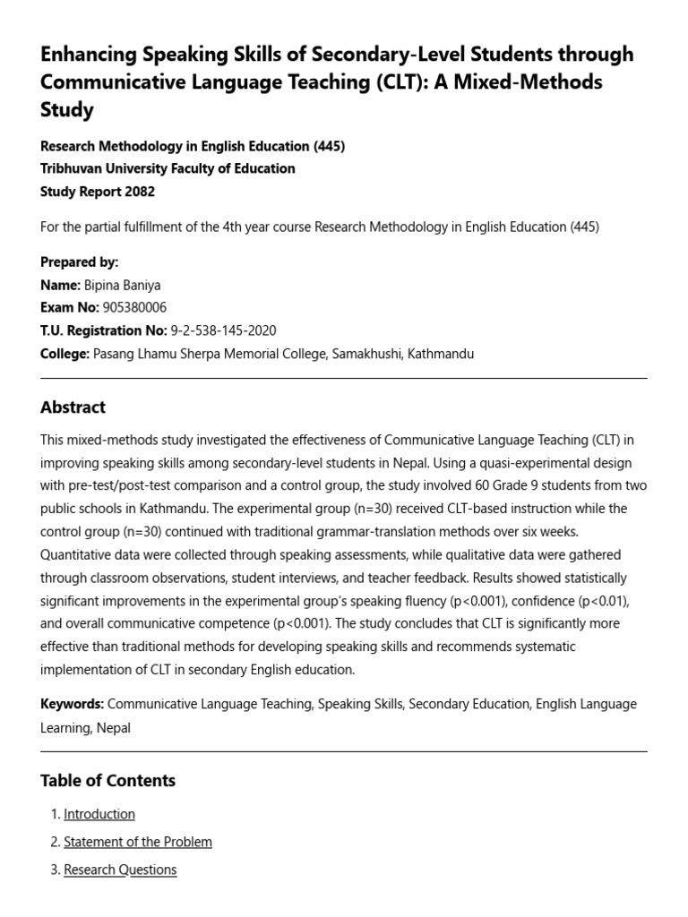 Enhanced Research Report - CLT and Speaking Skills | PDF | Methodology | Procedural Knowledge