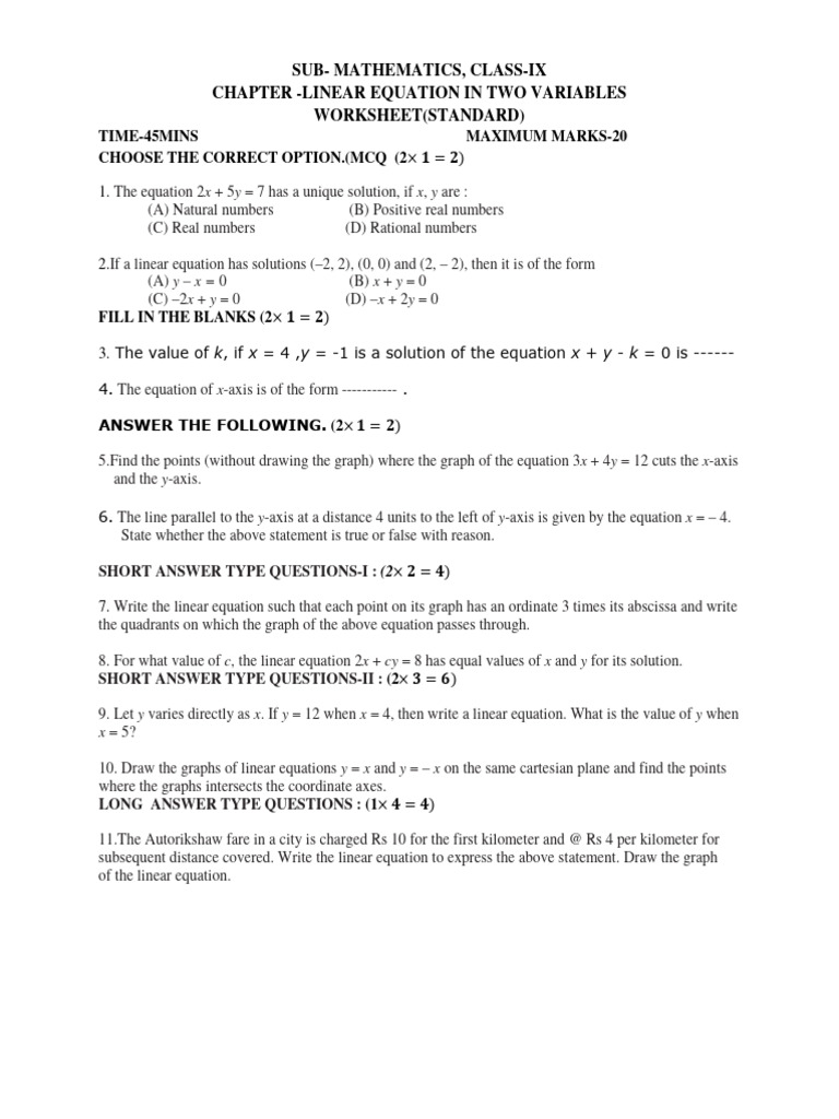 Ws-Standard - Linear Equation - 9 | PDF