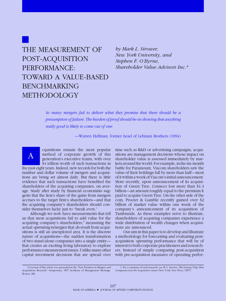 Post-Acquisition Performance Benchmarking | PDF | Cost Of Capital ...