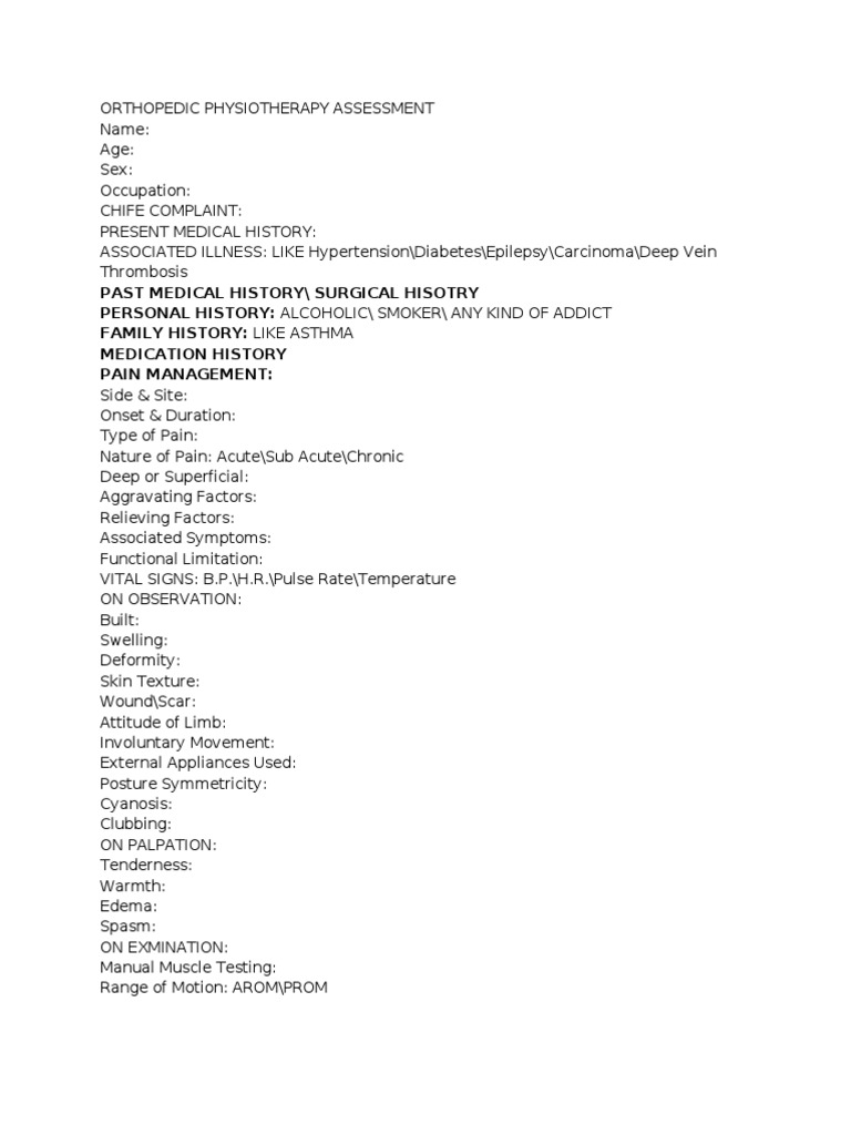 Orthopedic Physiotherapy Assessment | PDF