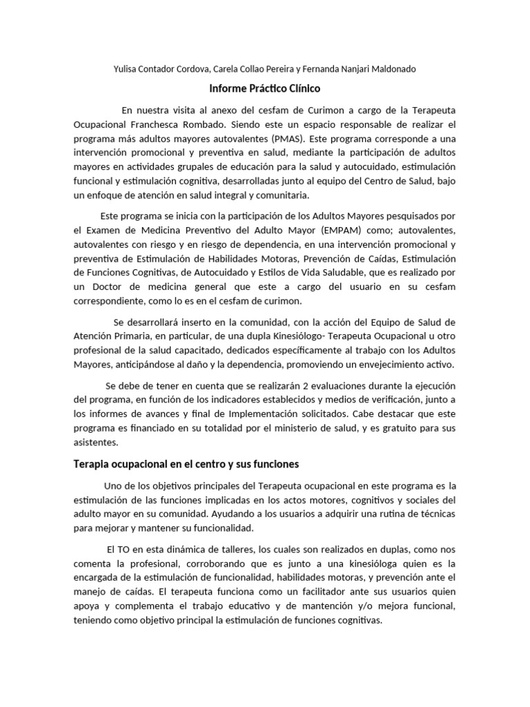 4 - Informe PMAS 2° | PDF | Vejez | Cognición