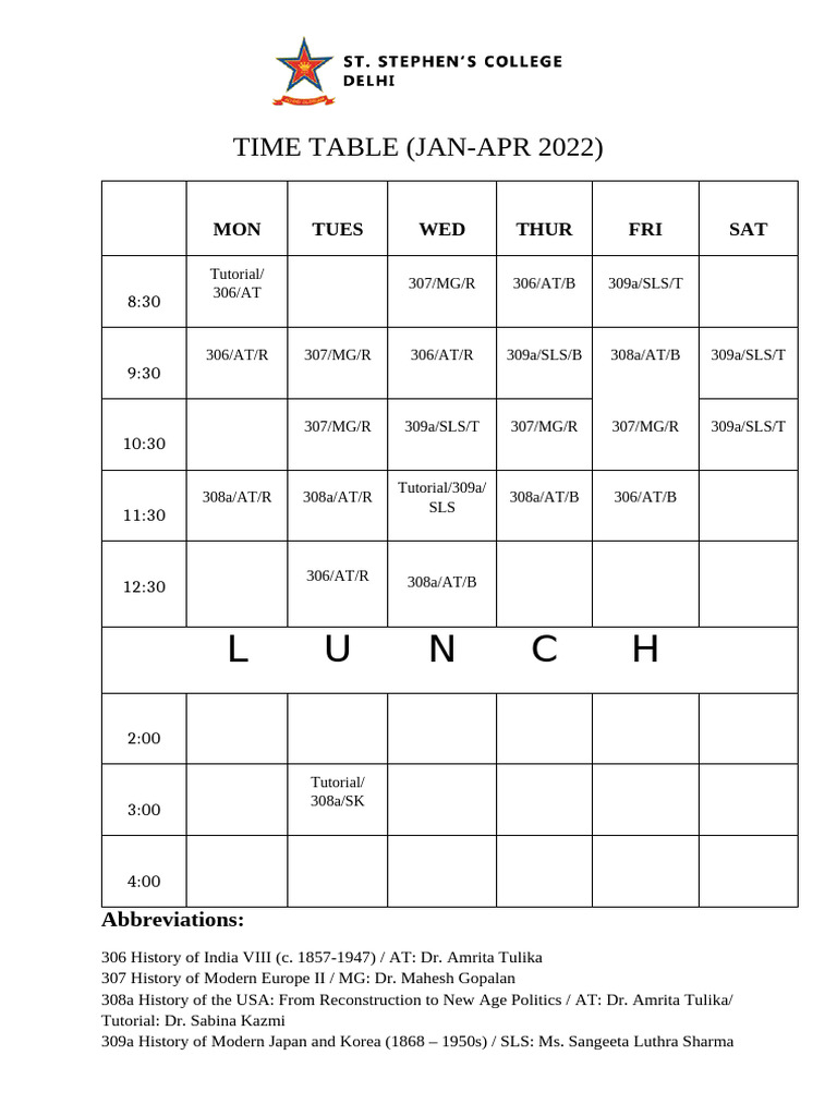 Offline Semester VI - History Timetable (With Room Numbers) | PDF
