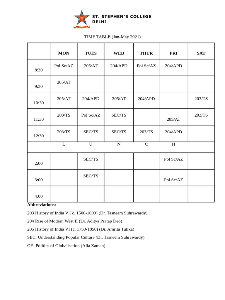 Time Table - Sem IV | PDF