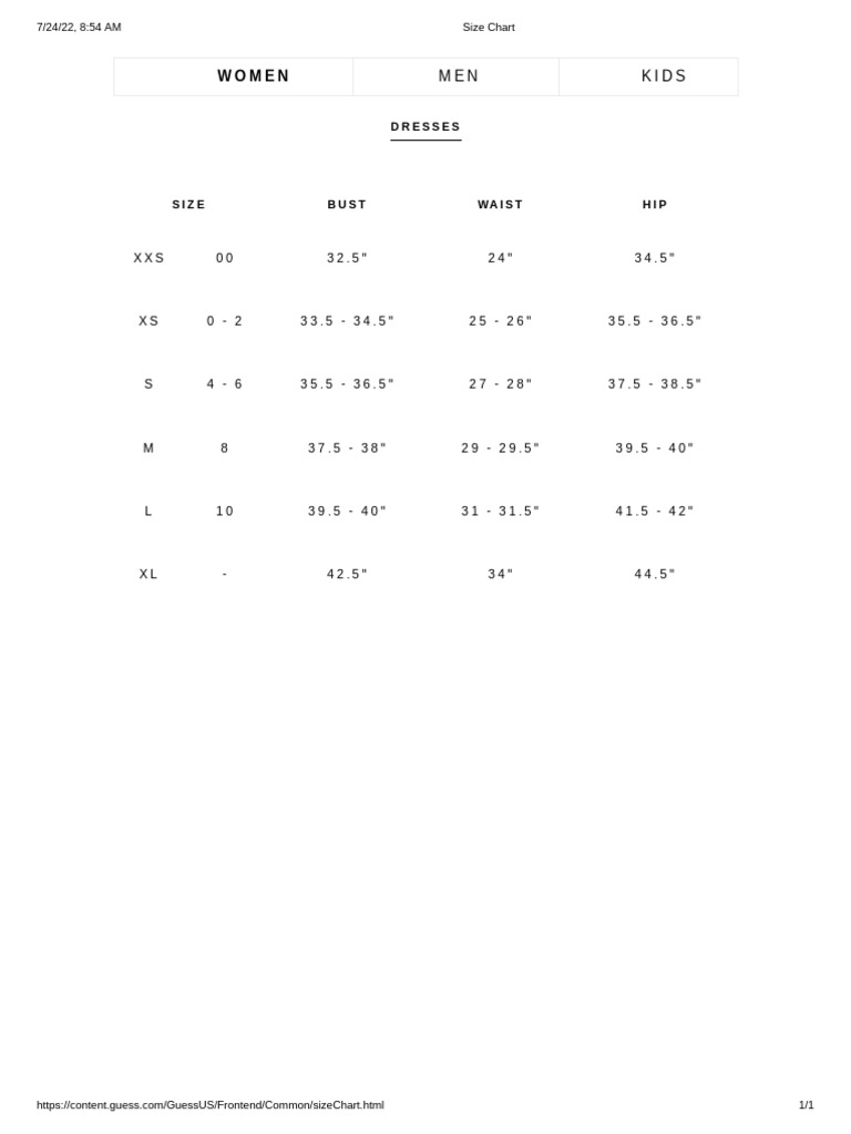 Guess Clothing Size Chart | PDF