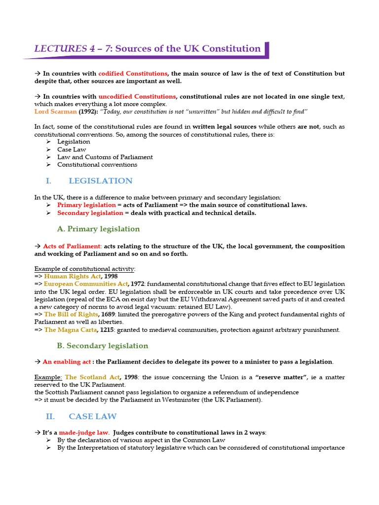 Understanding UK Constitutional Sources | PDF | Parliament Of The ...